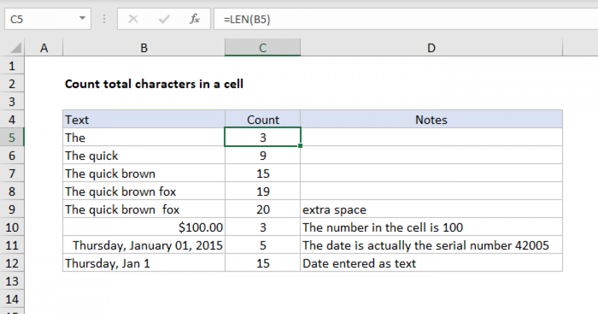 Count Total Characters In A Cell Excel Formula Exceljet